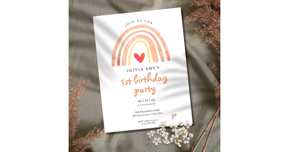 Boho Watercolor Rainbow And Heart Birthday Invitation | Zazzle
