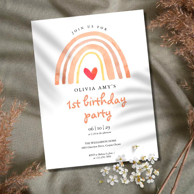 Boho Watercolor Rainbow And Heart Birthday Invitation | Zazzle