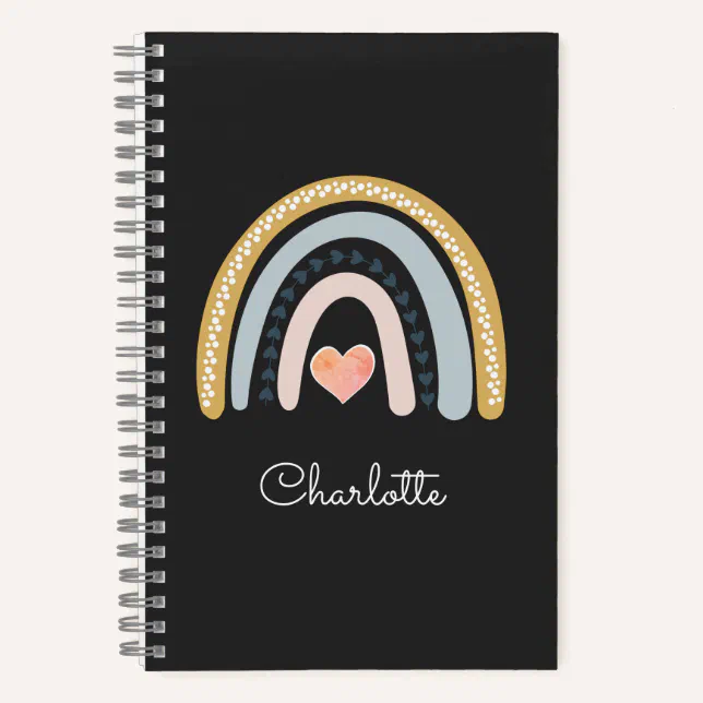Boho Watercolor Rainbow Kid's Personalized Black Notebook | Zazzle