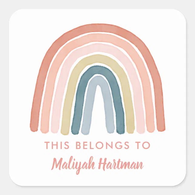 Boho Watercolor Rainbow Name School Label Coral | Zazzle