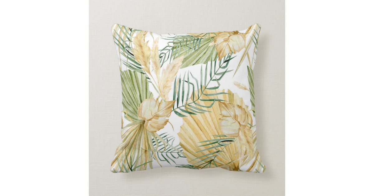 Boho Watercolor Tropical Leaves and Pampas Grass Throw Pillow | Zazzle.com
