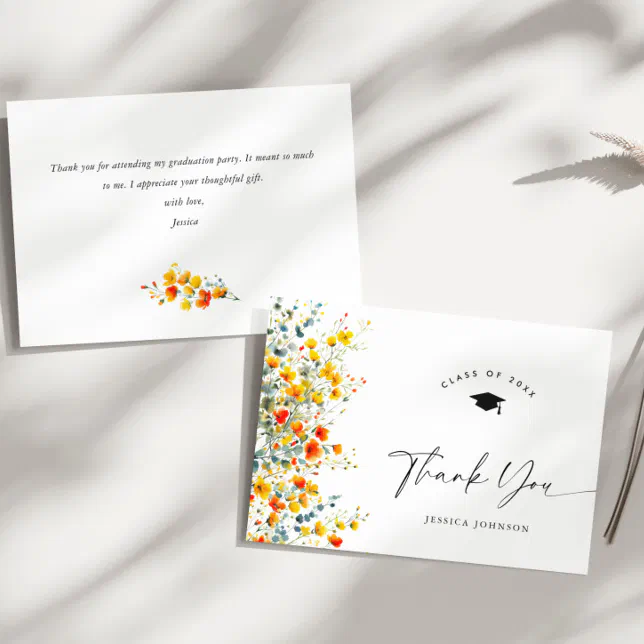 Boho Watercolor Wildflowers Graduation Thank You Card | Zazzle