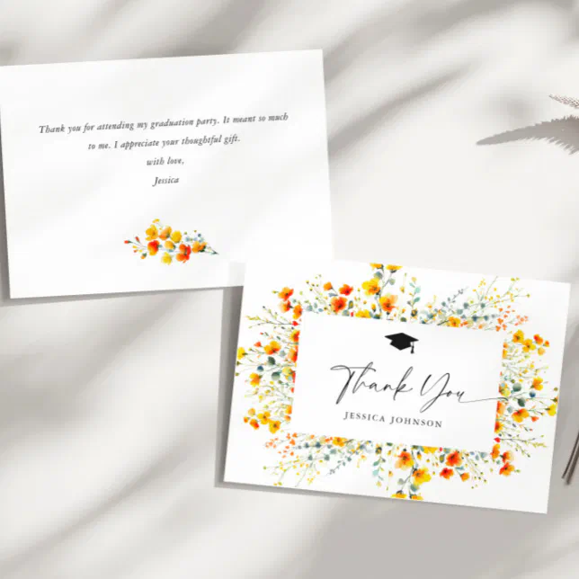Boho Watercolor Wildflowers Graduation Thank You Card | Zazzle