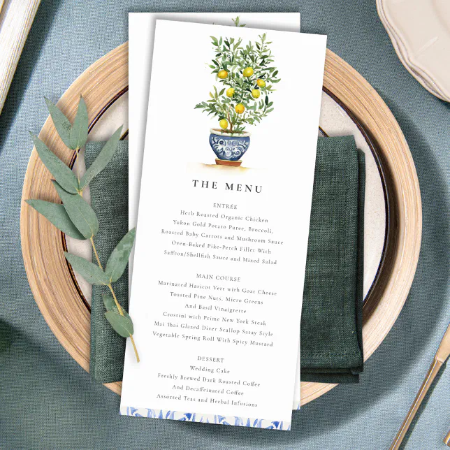 Boho Watercolor Yellow Lemon Tree Menu Card | Zazzle