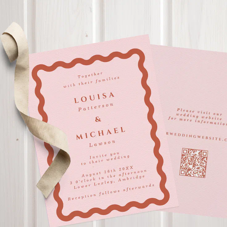 Boho Wavy Blush & Terracotta QR Code Wedding Invitation | Zazzle