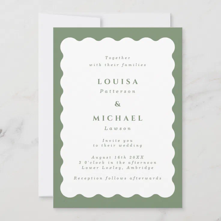 Boho Wavy Border Green & White Wedding Invitation | Zazzle