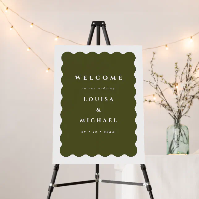Boho Wavy Green & White Wedding Welcome Foam Board | Zazzle
