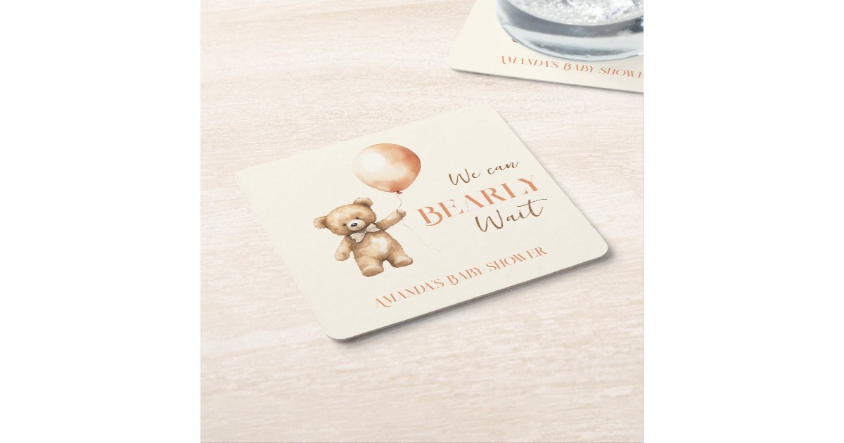 Boho We Can Bearly Wait Beige Bear Baby Shower Square Paper Coaster ...