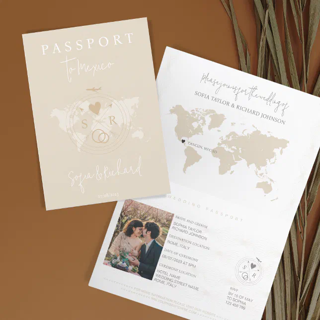 Boho Wedding Passport Blush World Map Invitation | Zazzle