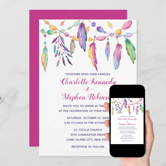 Boho Wedding Purple Feather Native American Indian Invitation | Zazzle