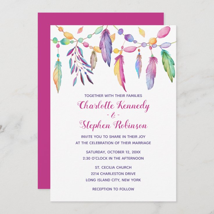 Boho Wedding Purple Feather Native American Indian Invitation | Zazzle