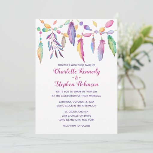 Boho Wedding Purple Feather Native American Indian Invitation | Zazzle