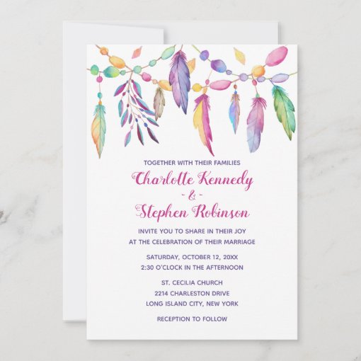 Boho Wedding Purple Feather Native American Indian Invitation | Zazzle