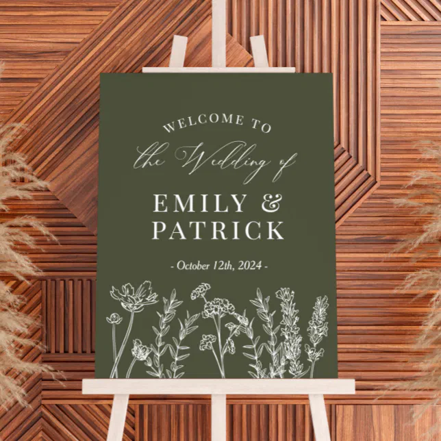 Boho Wedding Welcome Olive Green Wildflower Sign | Zazzle