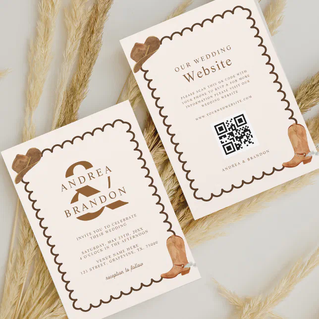 Boho Western Ampersand Wavy Frame Qr Code Wedding Invitation | Zazzle