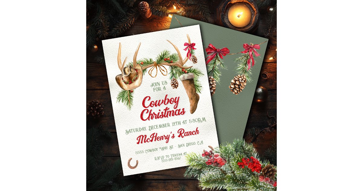 Boho Western Antler Cowboy Christmas Party Invitation | Zazzle