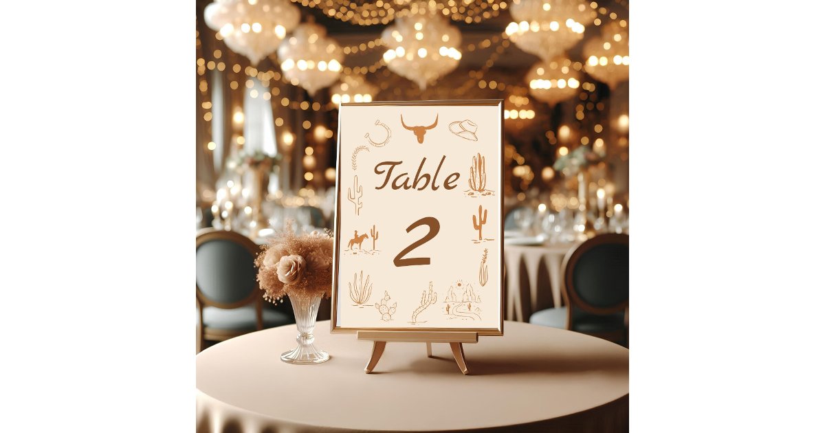 Boho Western Cowboy Illustration Wedding Table Number | Zazzle