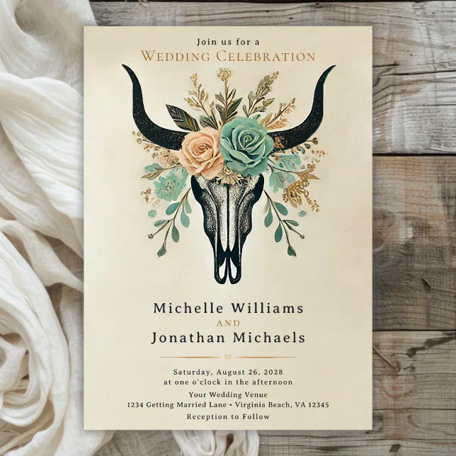 Boho Western Floral Bull Cow Skull Wedding Invitation | Zazzle