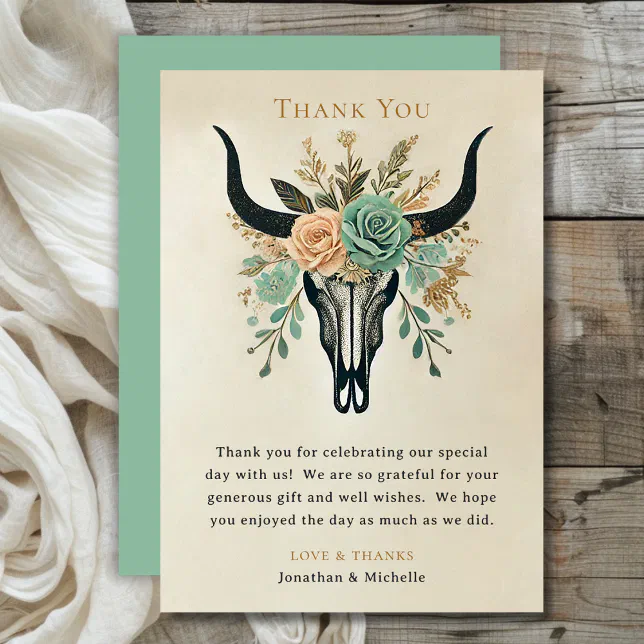 Boho Western Floral Bull Cow Skull Wedding Thank You Card | Zazzle