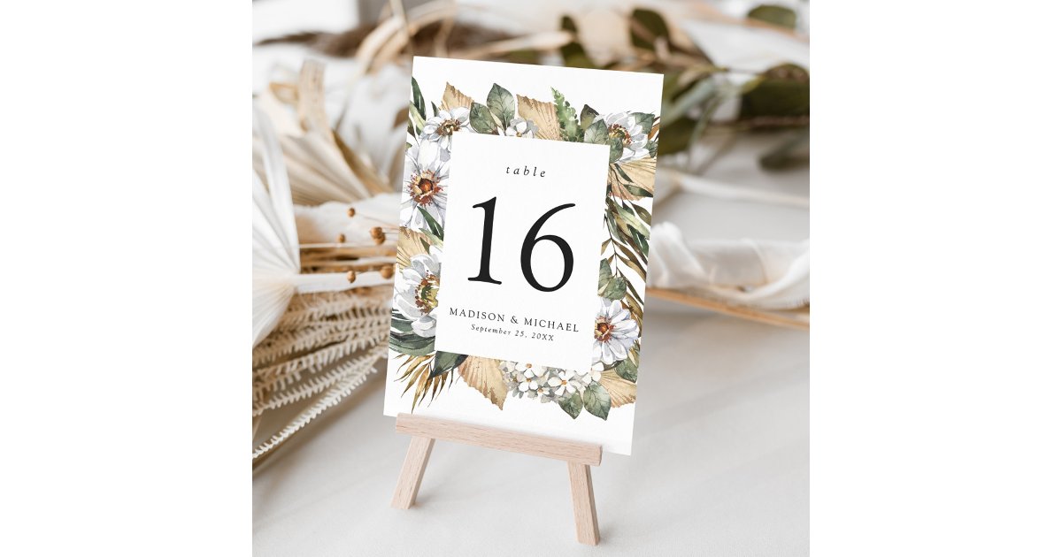 Boho White Floral & Greenery Wedding Table Number | Zazzle