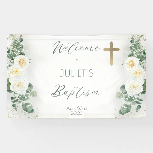 Boho White Rose Floral Eucalyptus Baptism Welcome Banner | Zazzle