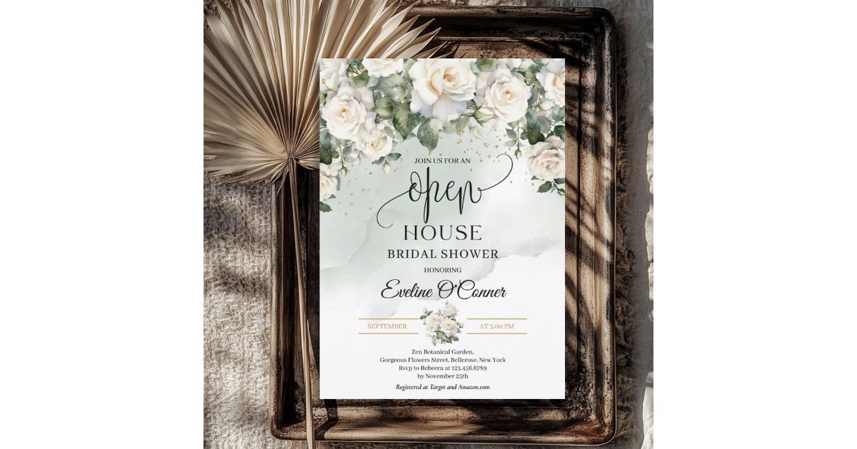Boho White Roses Greenery and Gold Open House Invitation | Zazzle