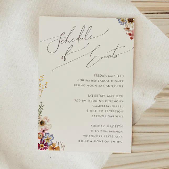 Boho Wildflower | Beige Garden Schedule of Events Enclosure Card | Zazzle