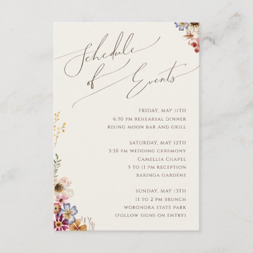 Boho Wildflower | Beige Garden Schedule of Events Enclosure Card | Zazzle