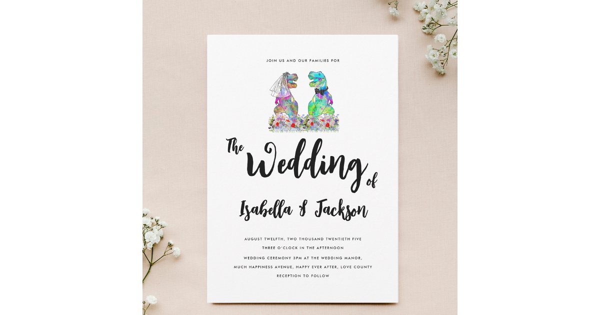 Boho Wildflower Dinosaur Bride and Groom Wedding Invitation | Zazzle