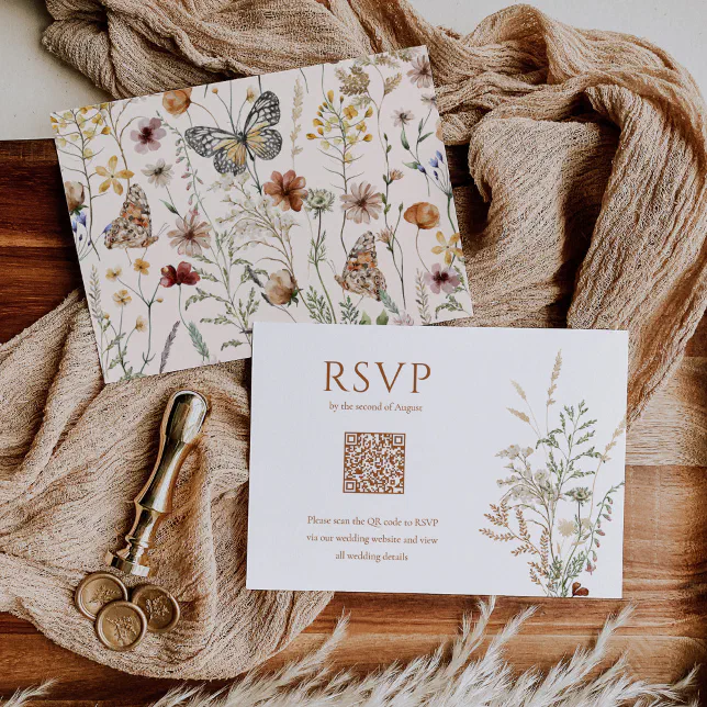 Boho Wildflower Floral Butterfly QR Code Wedding RSVP Card | Zazzle