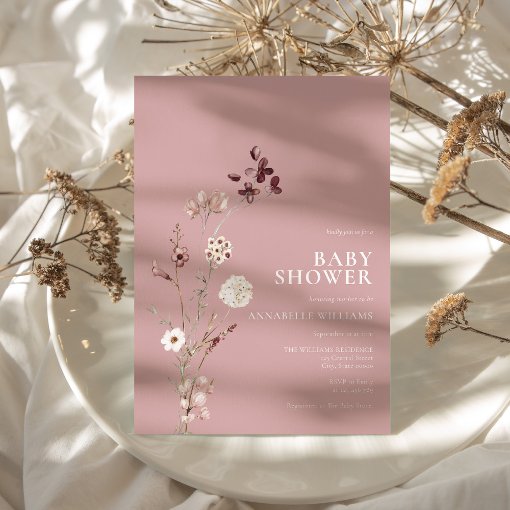 Boho Wildflower Floral Dusty Rose Baby Shower Invitation | Zazzle