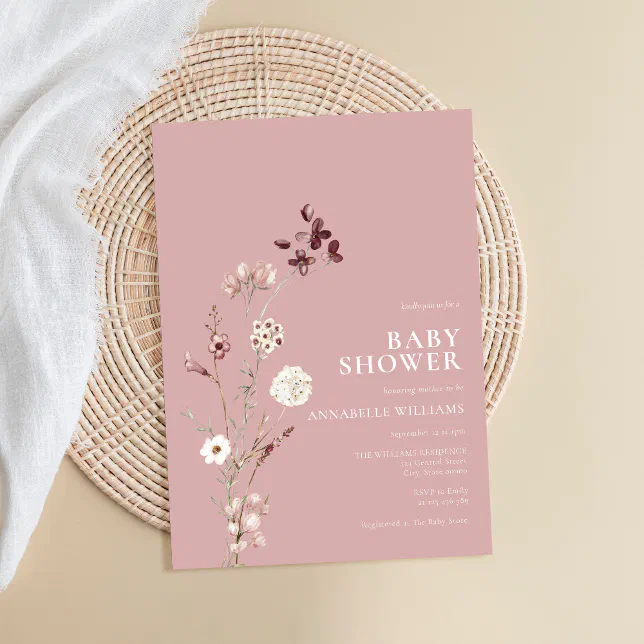 Boho Wildflower Floral Dusty Rose Baby Shower Invitation | Zazzle
