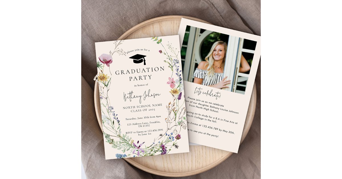 Boho Wildflower Floral Photo Graduation Party Invitation | Zazzle