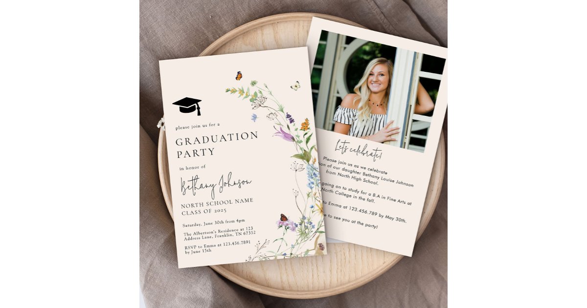 Boho Wildflower Floral Photo Graduation Party Invitation | Zazzle