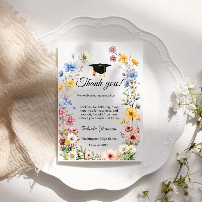 Boho WIldflower graduation photo thank you Card | Zazzle