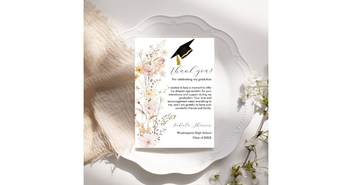 Boho Wildflower Grass Graduation Thank You Card | Zazzle