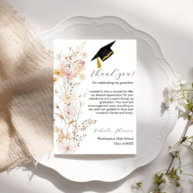 Boho Wildflower Grass Graduation Thank You Card | Zazzle