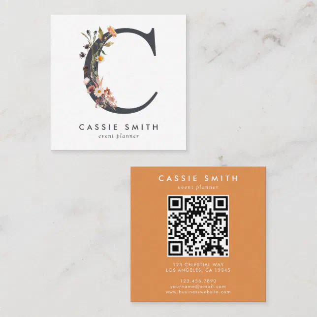 Boho Wildflower Initial C QR Code Square Business Card | Zazzle