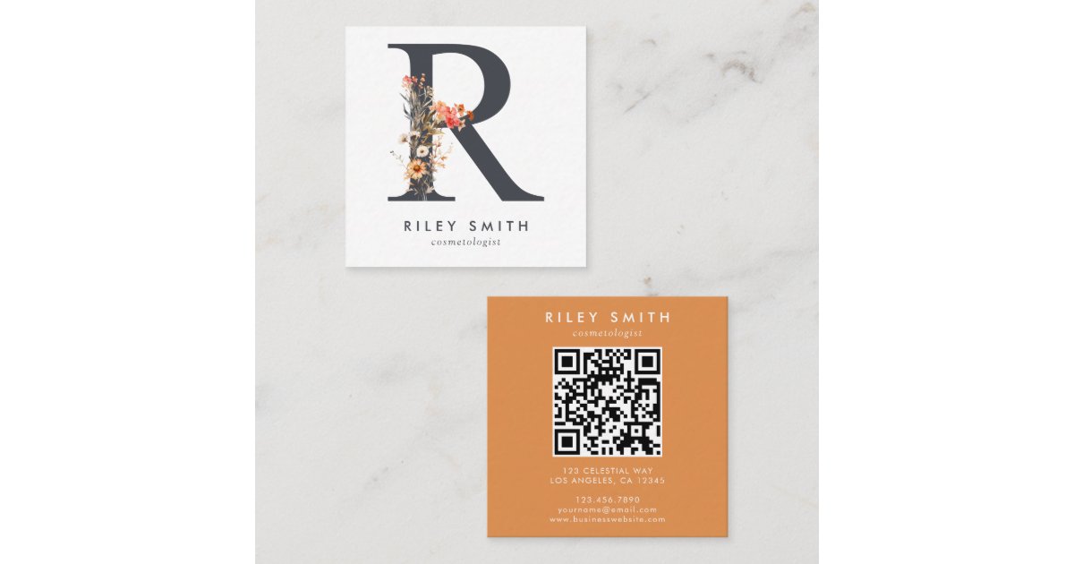 Boho Wildflower Initial R QR Code Square Business Card | Zazzle