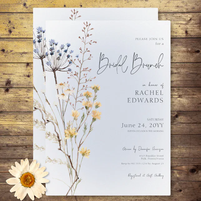 Boho Wildflower Modern Blue Bridal Brunch Invitation | Zazzle