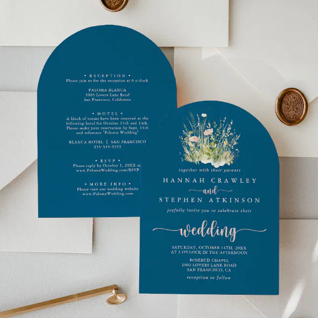 Boho Wildflower Navy Arch Front & Back Wedding Invitation | Zazzle