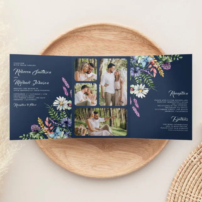 Boho Wildflower Photo All in One Navy Blue Wedding Tri-Fold Invitation ...