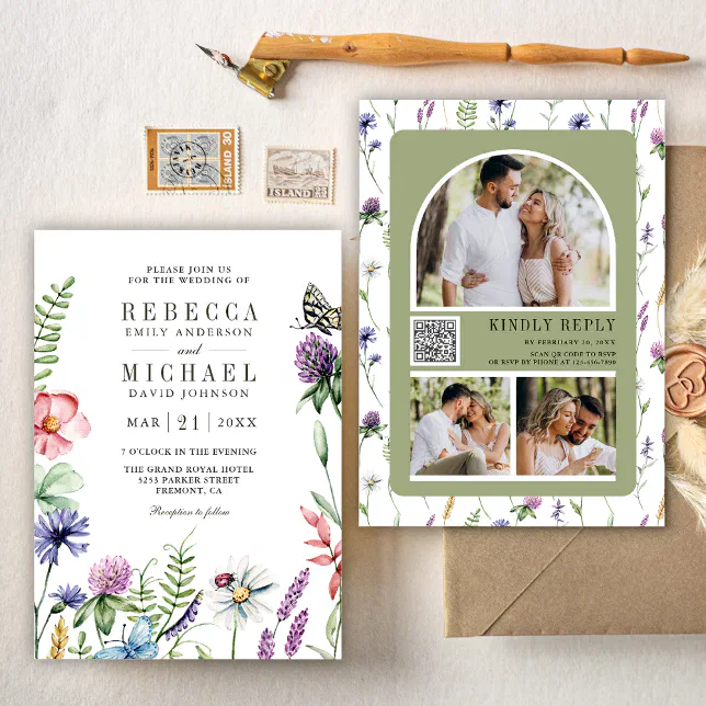 Boho Wildflower Photo Collage QR Code Wedding Invitation | Zazzle