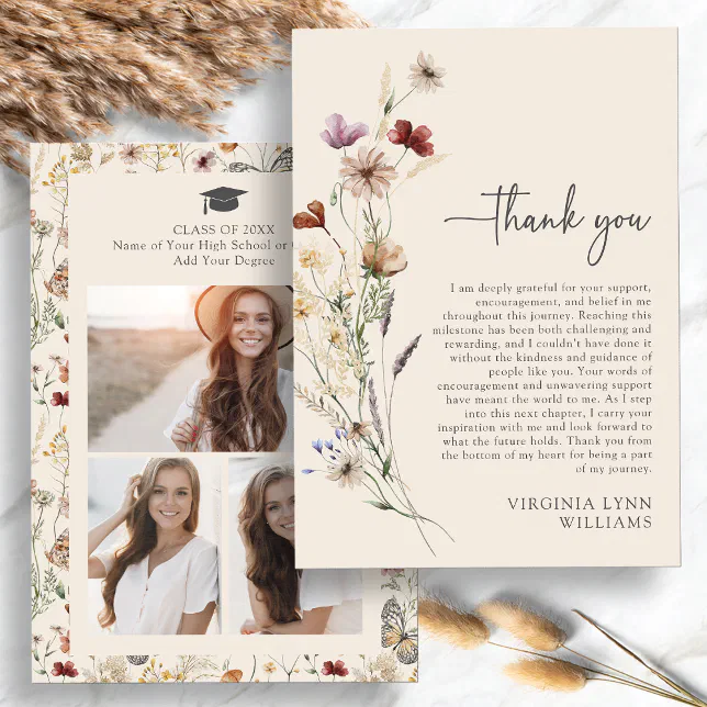 Boho Wildflower Photo Graduation Thank You Card | Zazzle