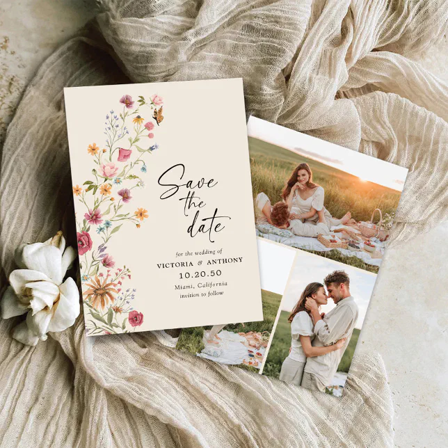 Boho Wildflower Save The Date with Photo Flat Card | Zazzle
