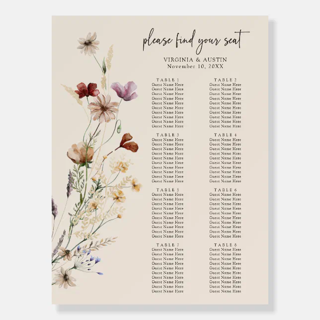 Boho Wildflower Seating Chart Foam Board | Zazzle