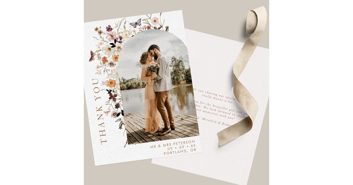 Boho Wildflowers Arch Photo Fall Wedding Thank You Card | Zazzle
