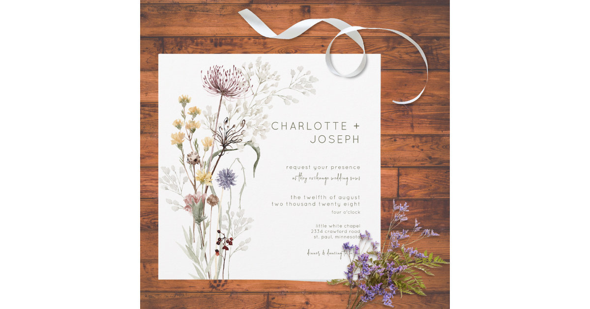 Boho Wildflowers Modern Floral Square Invitation | Zazzle
