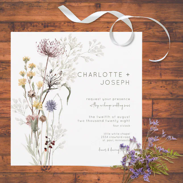Boho Wildflowers Modern Floral Square Invitation | Zazzle