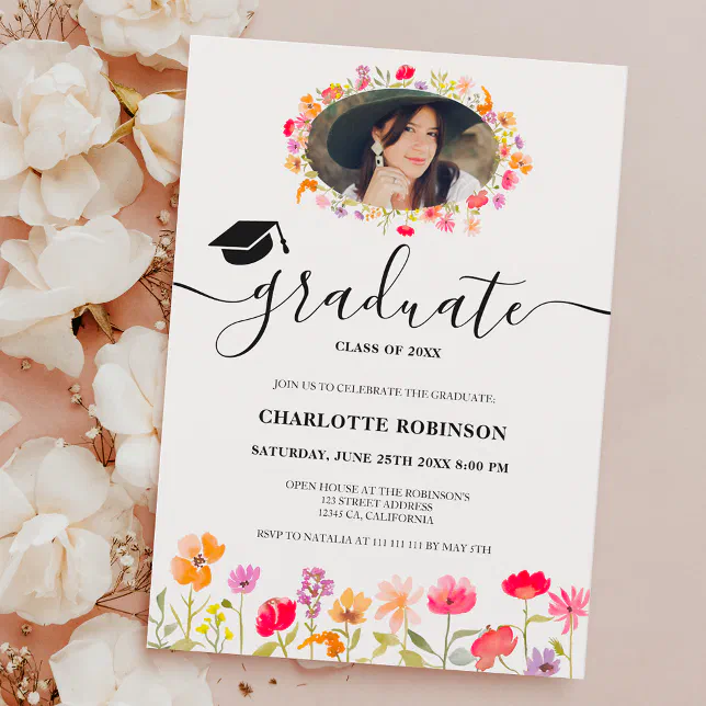 Boho wildflowers spring floral photo graduation invitation | Zazzle